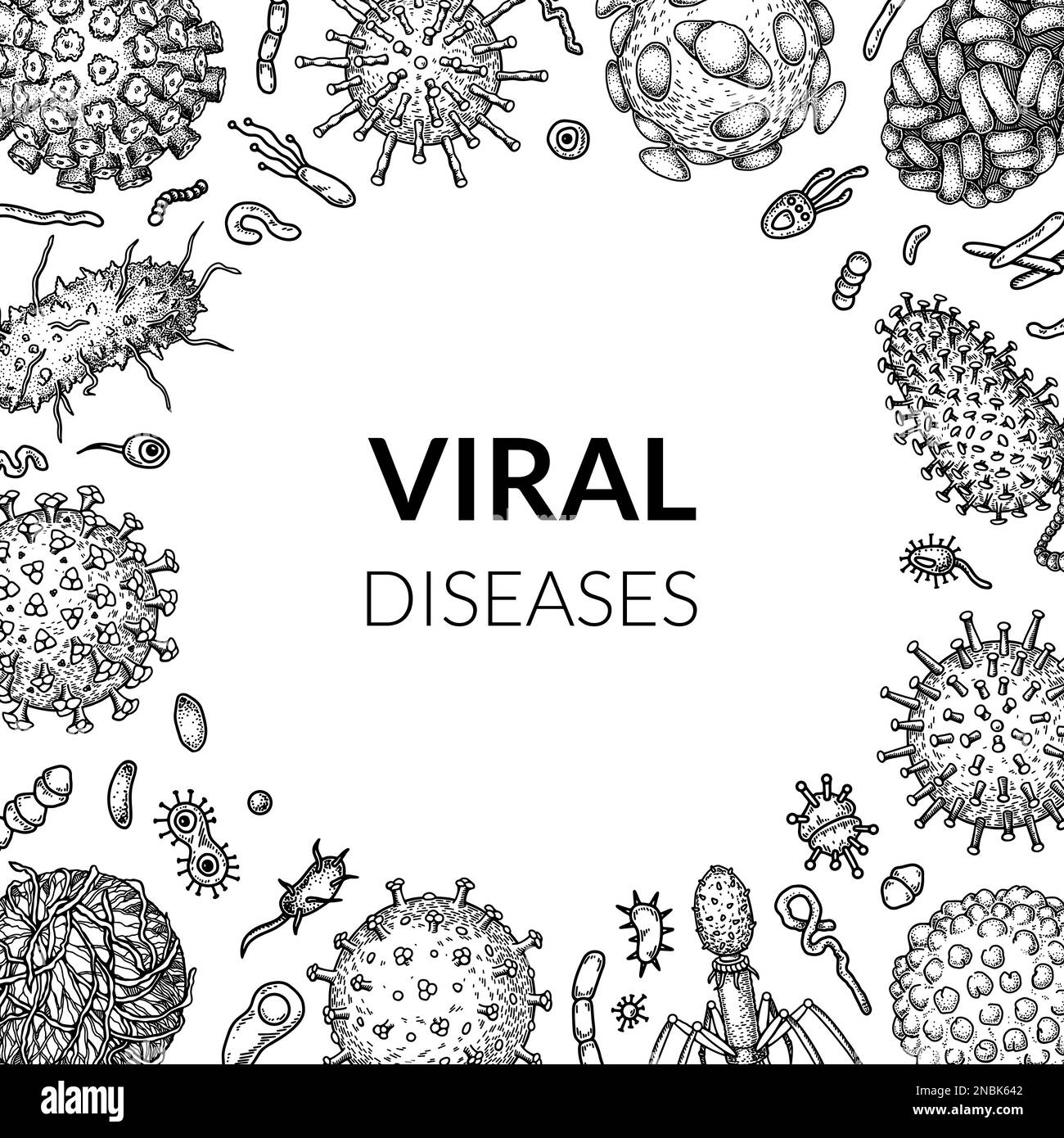 Virus square background in sketch style. Hand drawn bacteria, germ ...