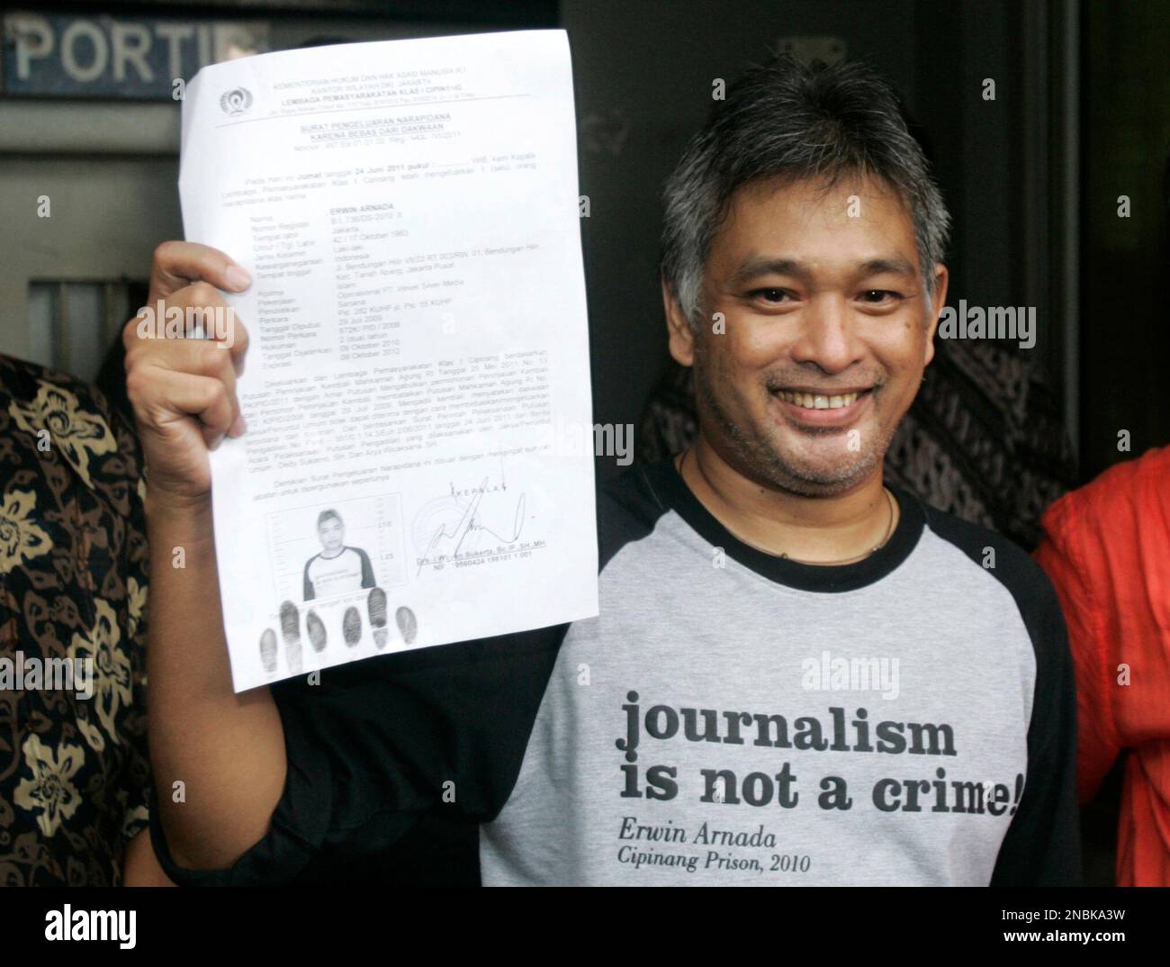 Erwin Arnada, former editor of Playboy Indonesia, shows his release ...