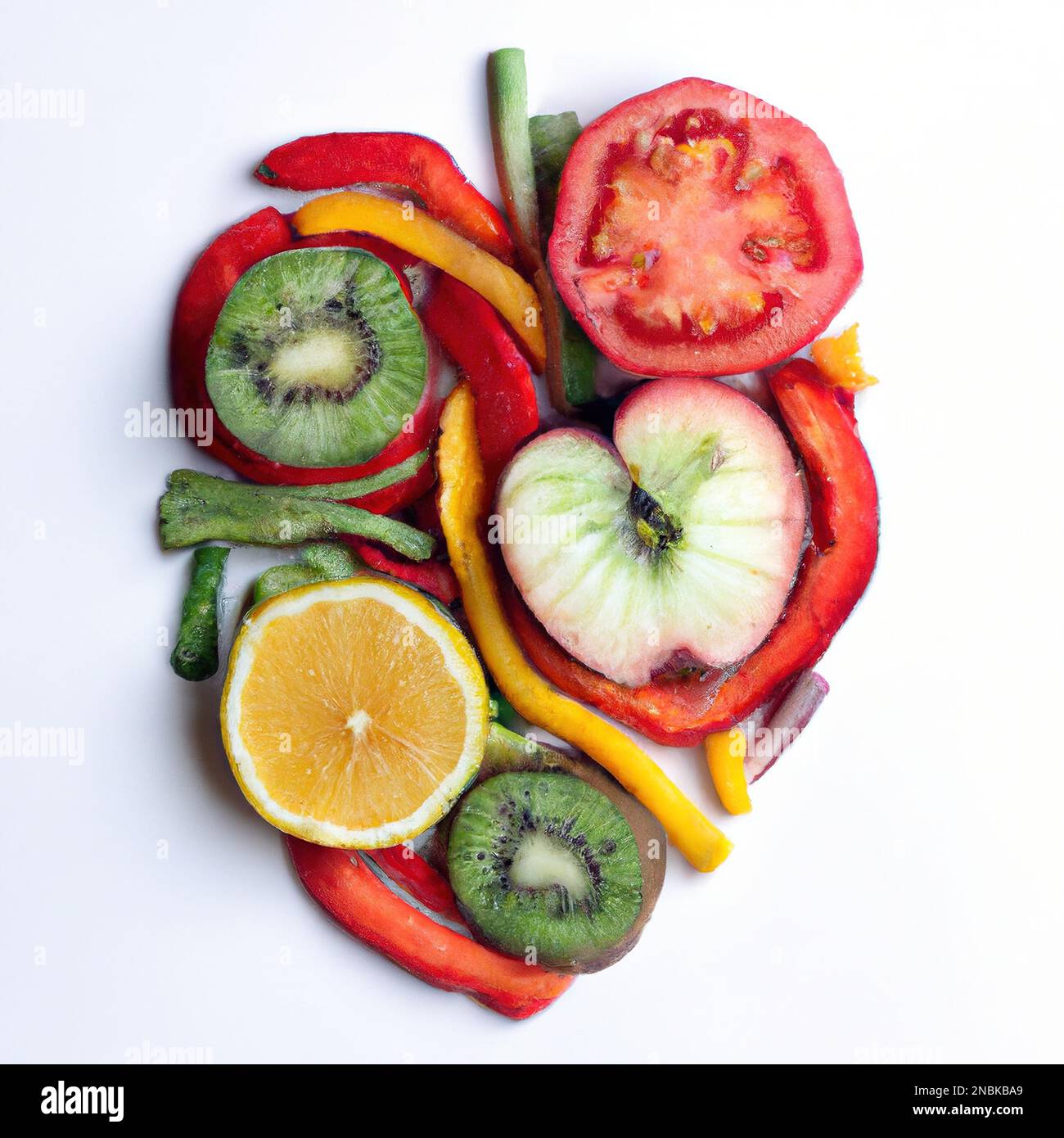 A Bunch of fruits and vegetables shaping heart on a white background ...