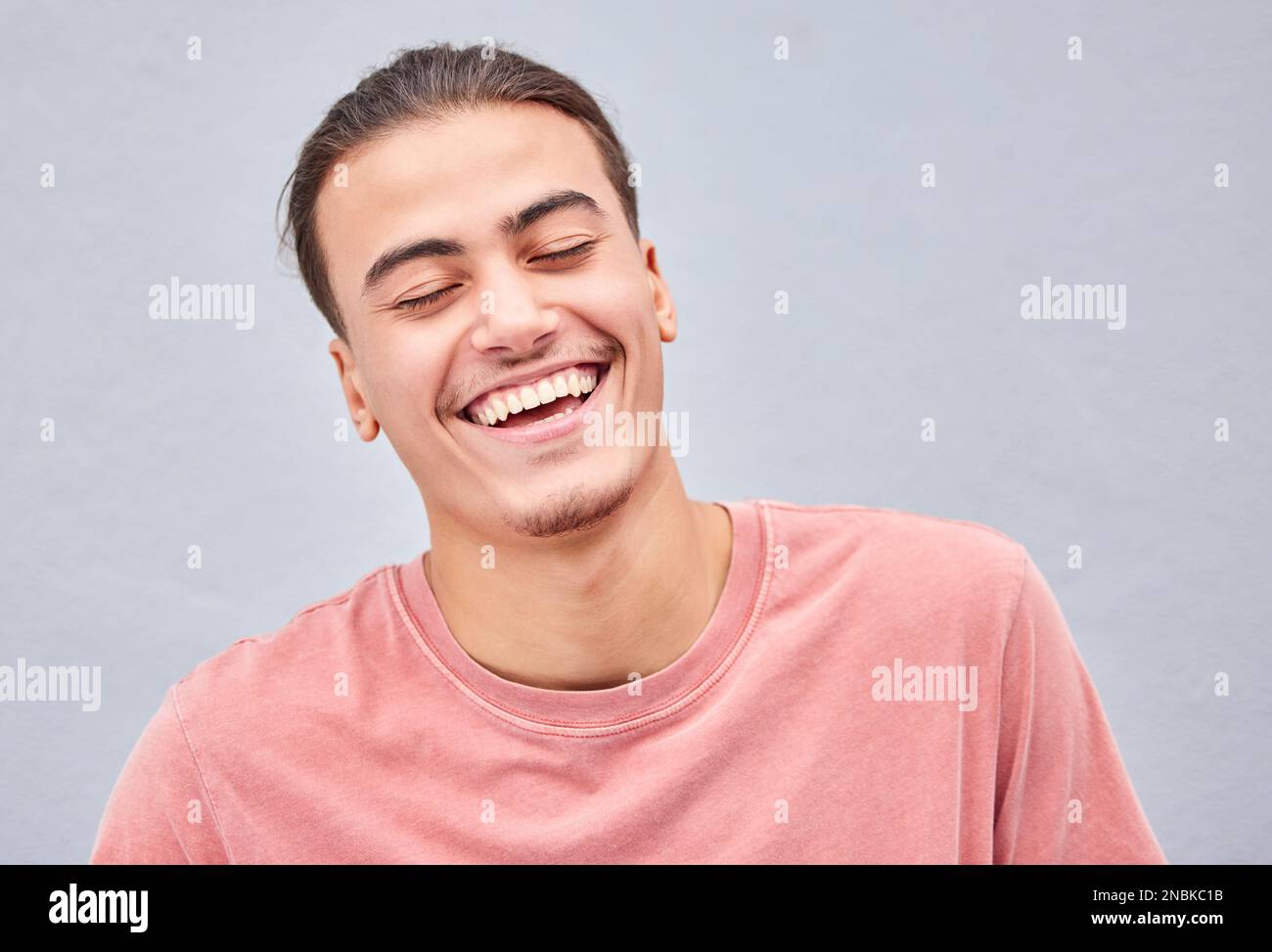 Man, face or laughing on isolated background at funny joke, meme or ...