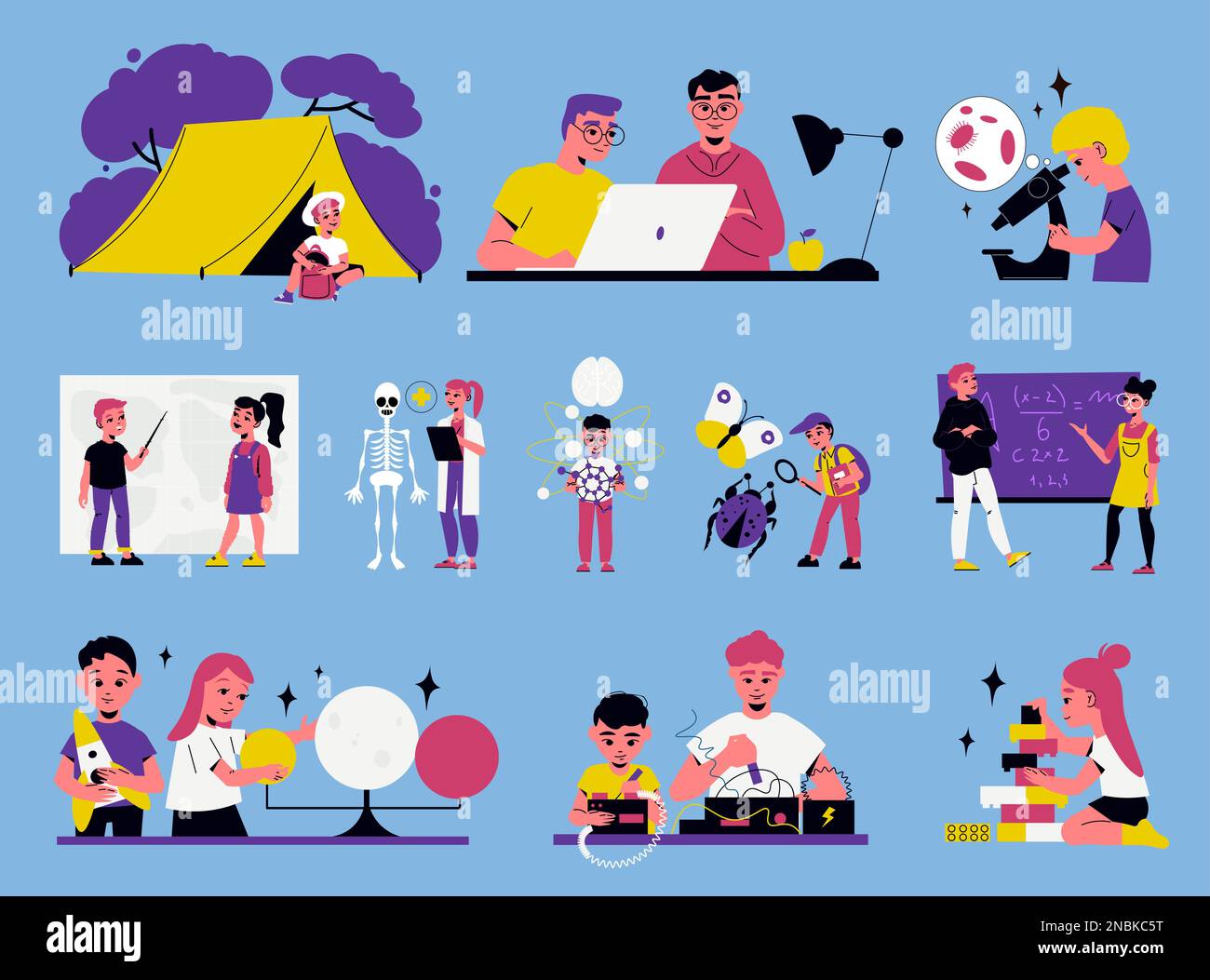 Stem camp colorn set with study and experiment symbols flat isolated ...