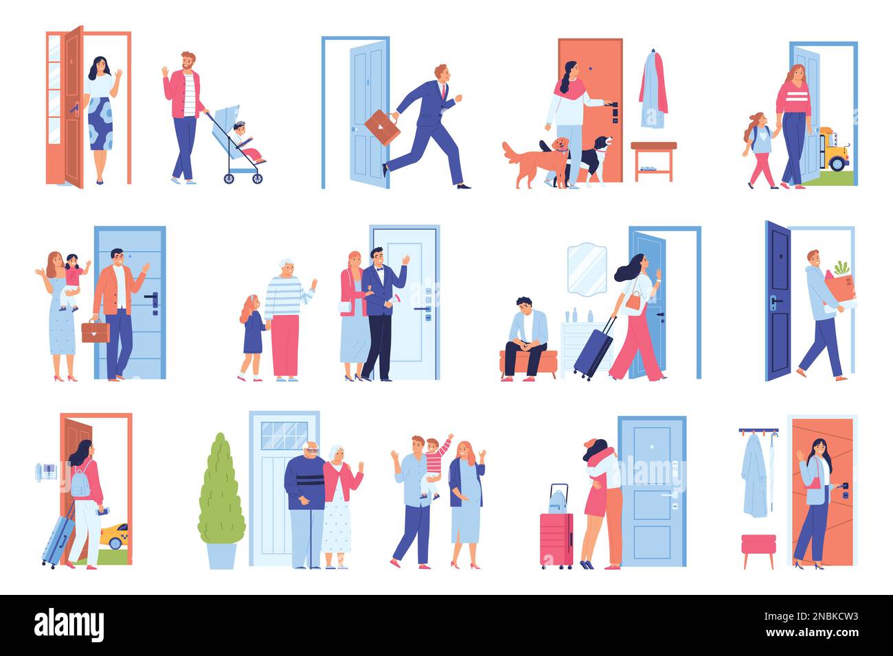 Flat set of people leaving home waving and saying goodbye to family ...