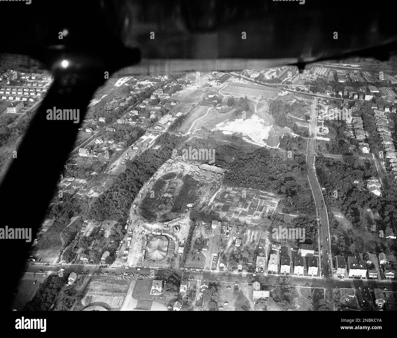 An aerial view of circus disaster area, shown July 6, 1944. One tent is ...