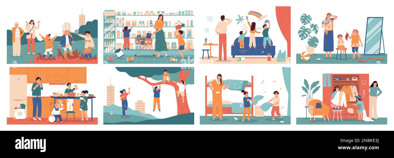 Flat childhood pranks set with parents and playful children making mess ...