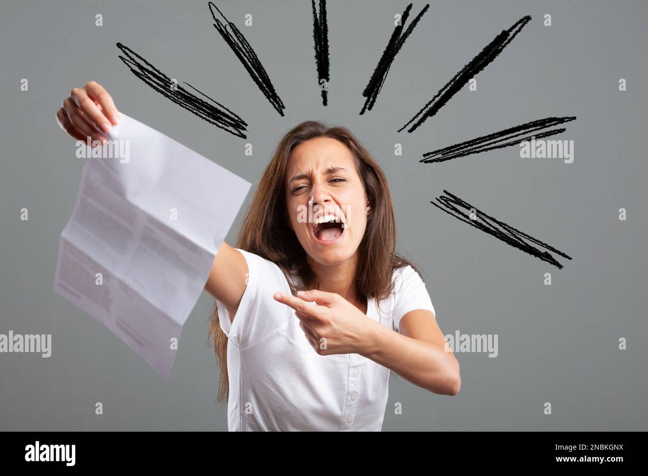 Young woman with unwelcome document, screams and points at it, kinetic ...