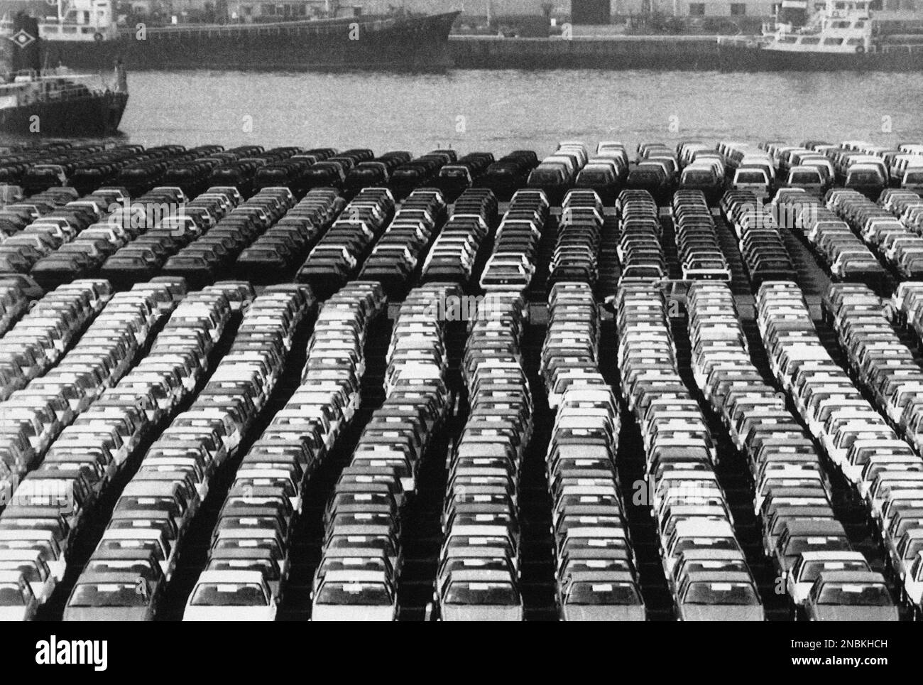 Toyota motor’s export cars form lines on a dock at Tokai-shi, central ...