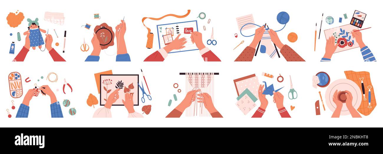 Human hands doing various craft activities top view flat set isolated ...