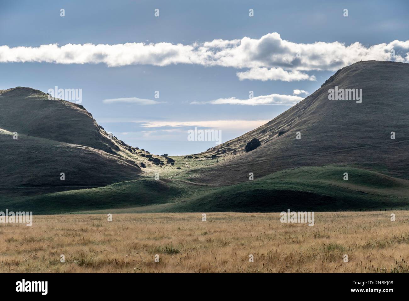 Steep hills behind farmland, Takapau, Central Hawkes Bay, North Island ...