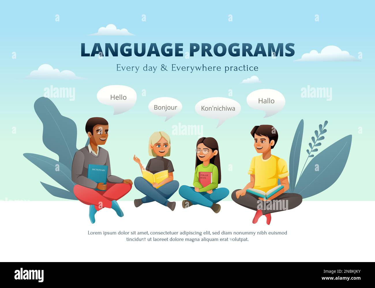 Global education student exchange cartoon background composition with ...