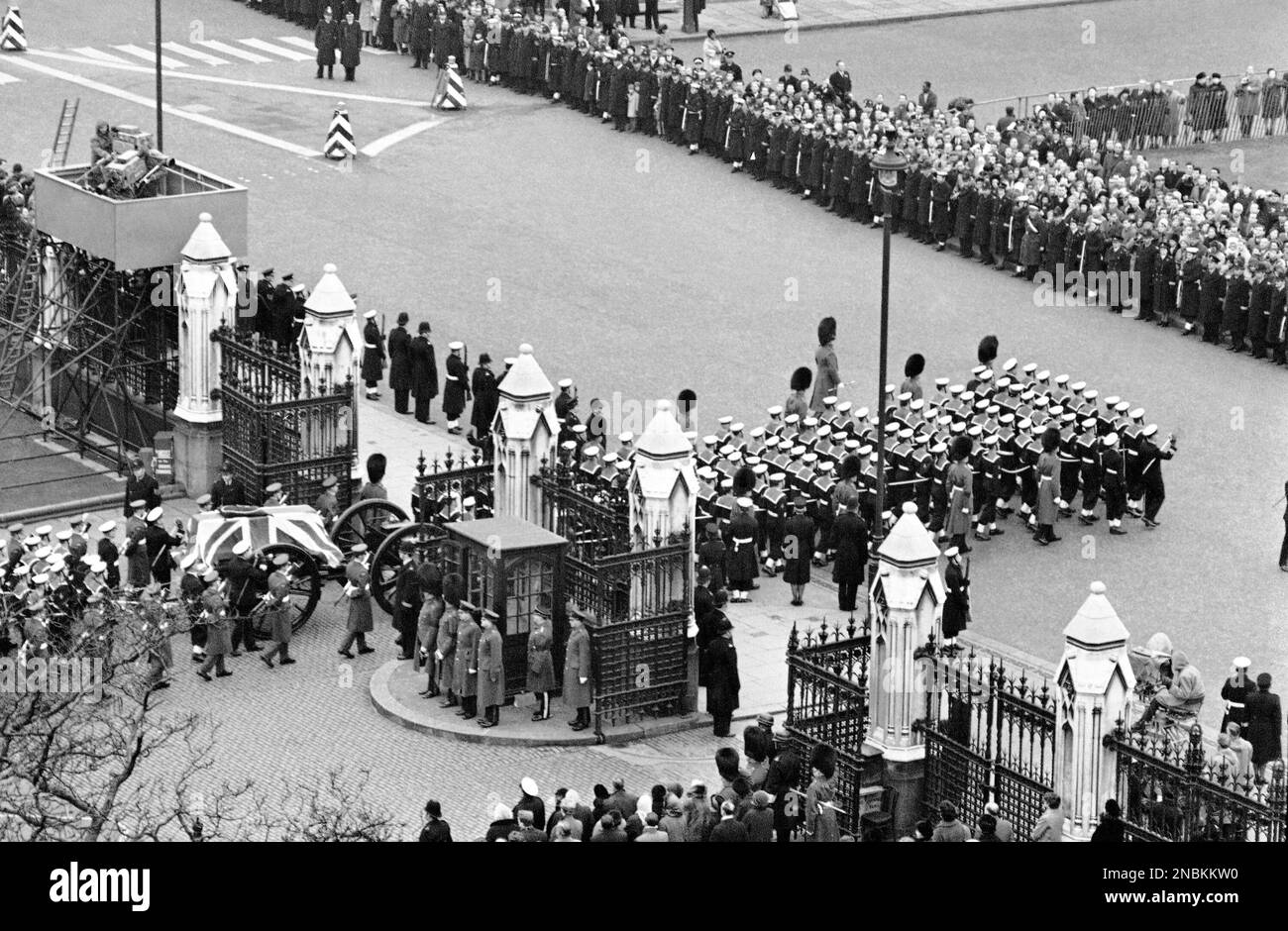The flag-draped coffin of Sir Winston Churchill is borne on a Royal ...