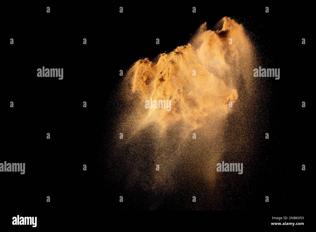 Brown dry river sand explosion isolated on white background. Abstract ...