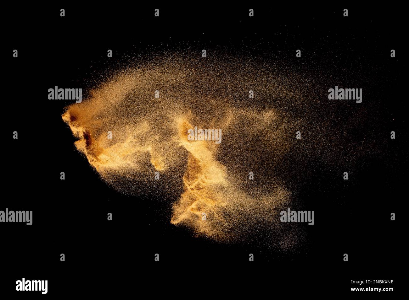 Brown dry river sand explosion isolated on white background. Abstract ...