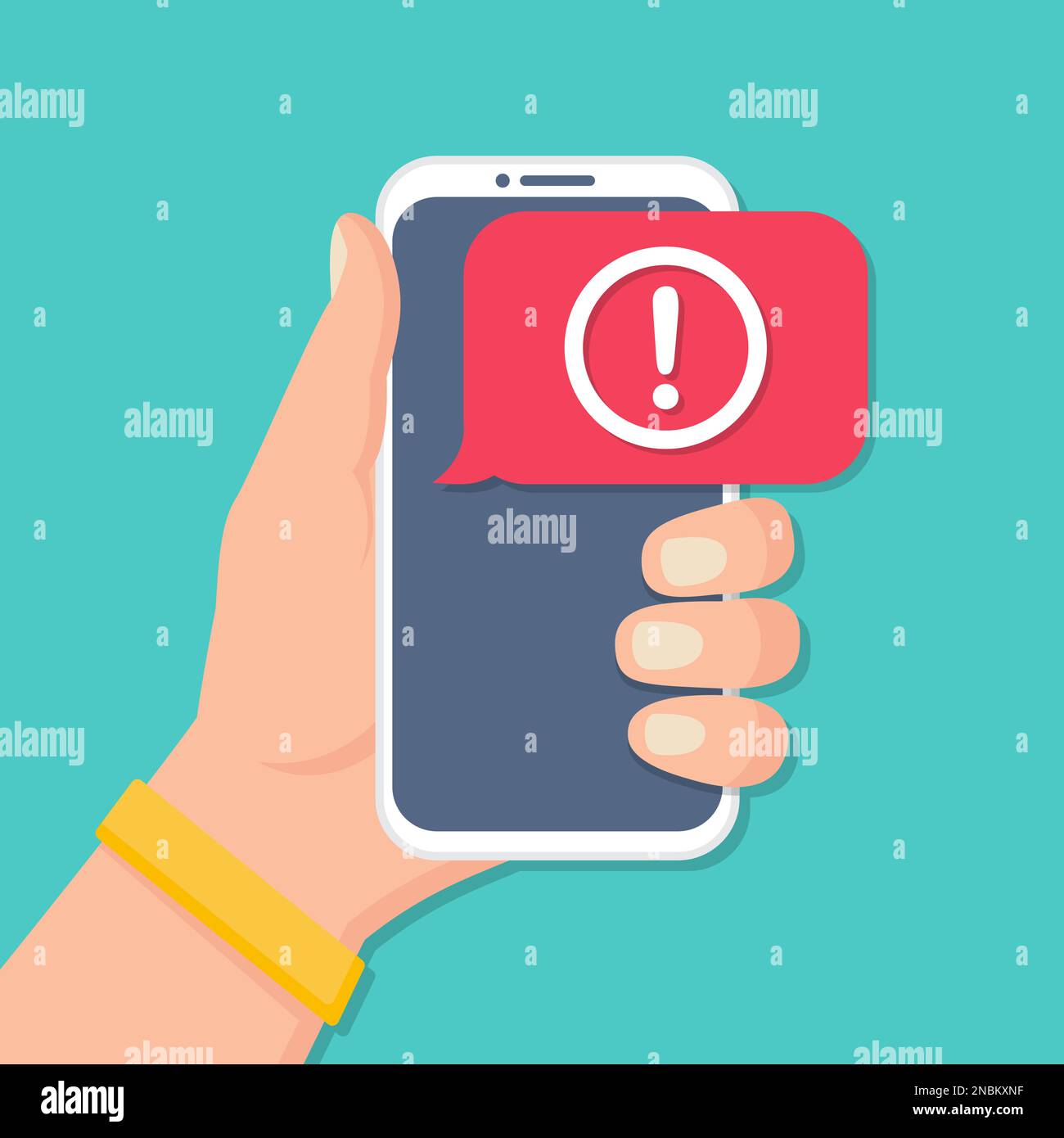 Hand holding smartphone with alert message notification in a flat ...