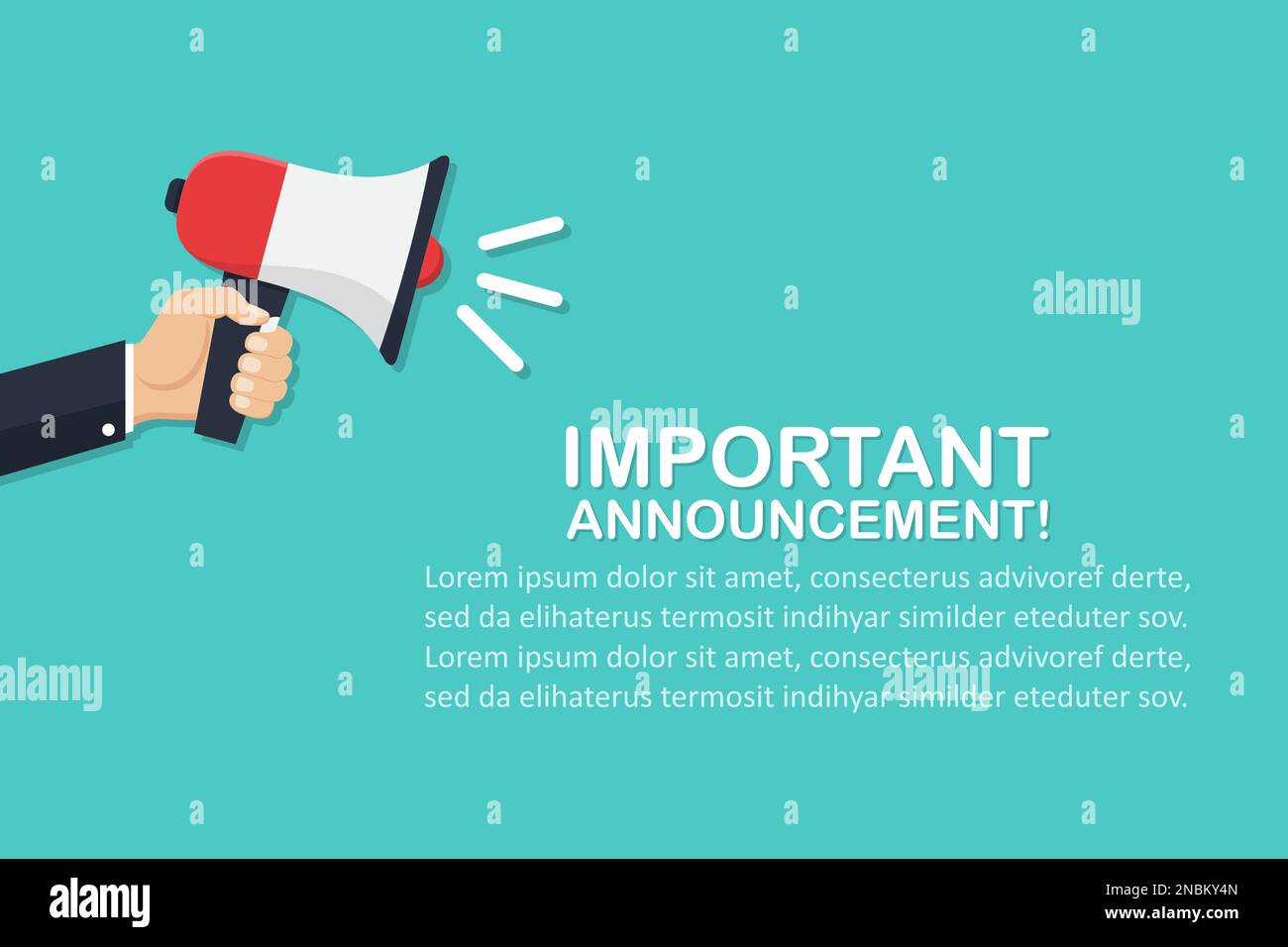 Hand holding megaphone with important announcement in a flat design ...