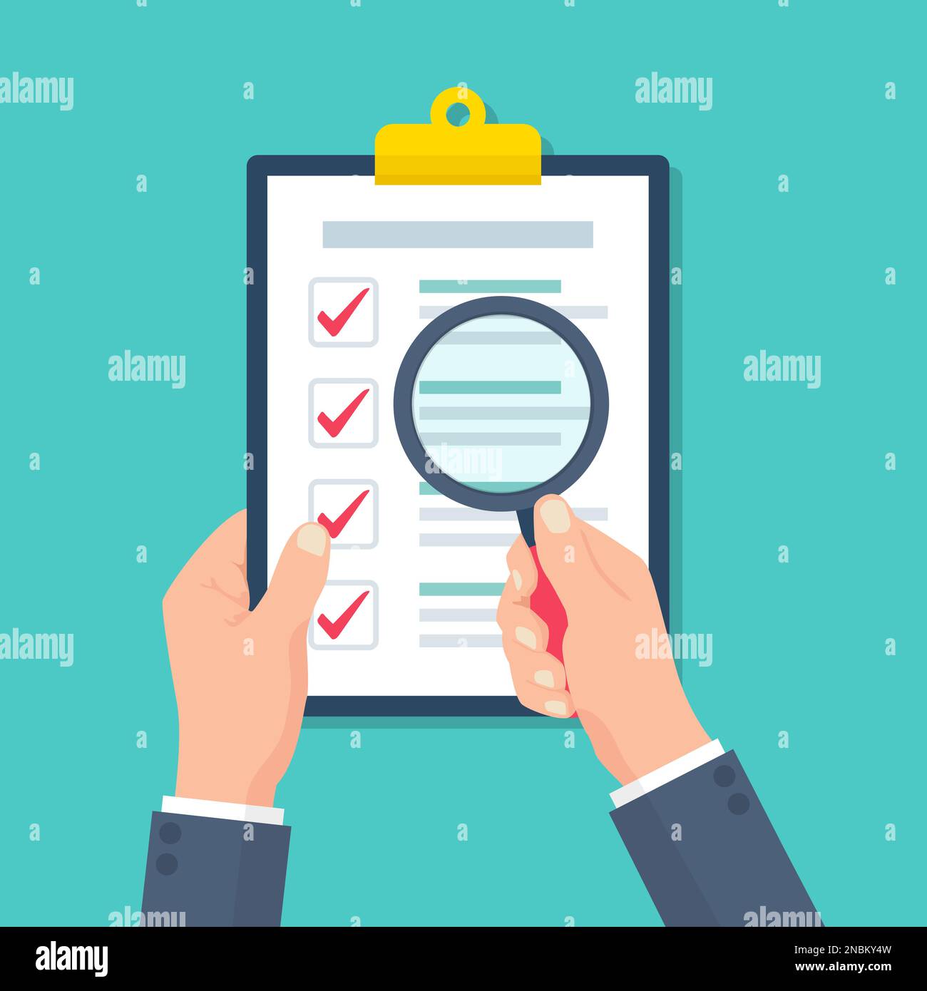 Businessman holding held magnifier on clipboard with audit document in ...