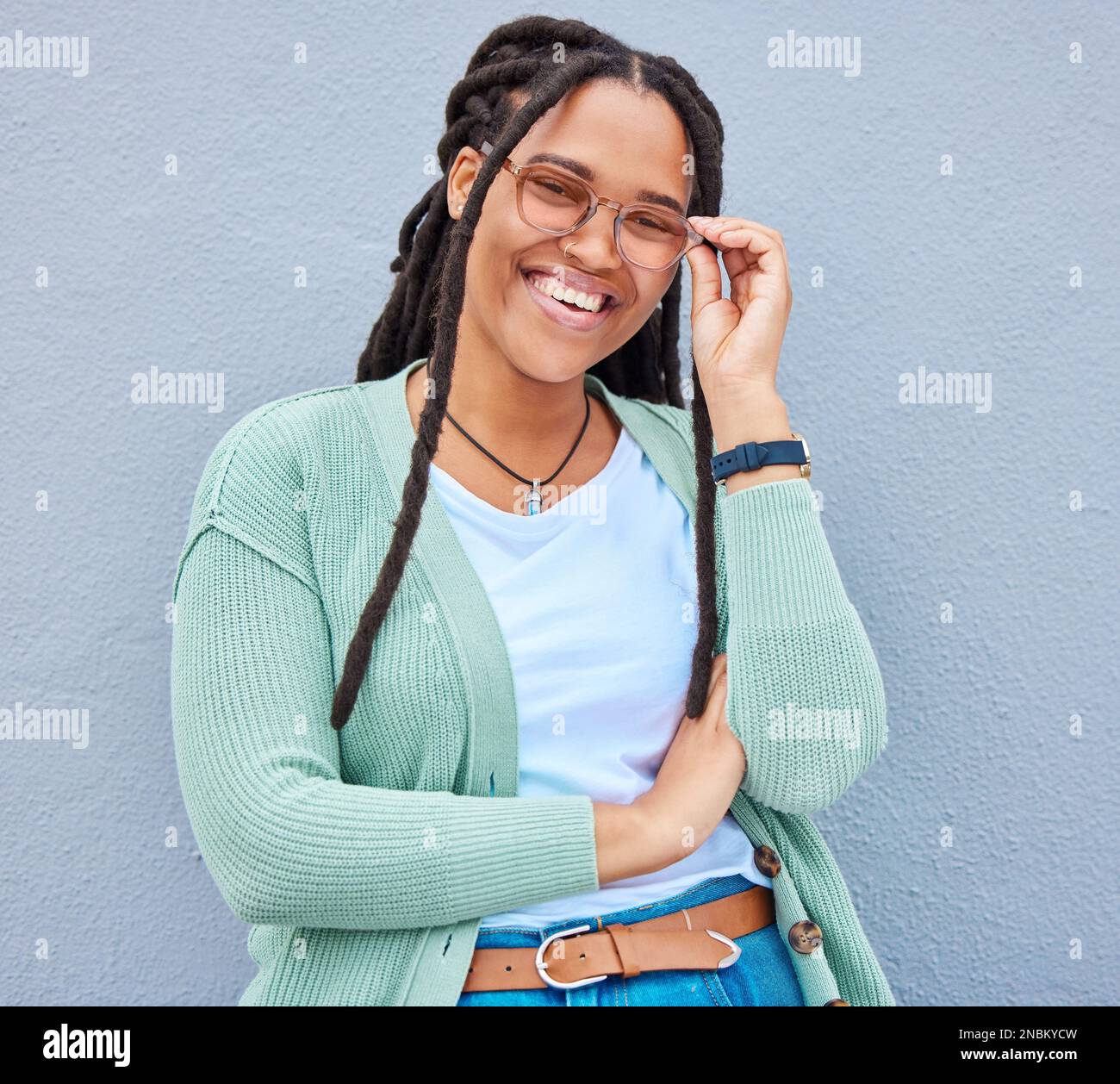 Portrait, smile and black woman on mockup, happy and relax on grey wall ...