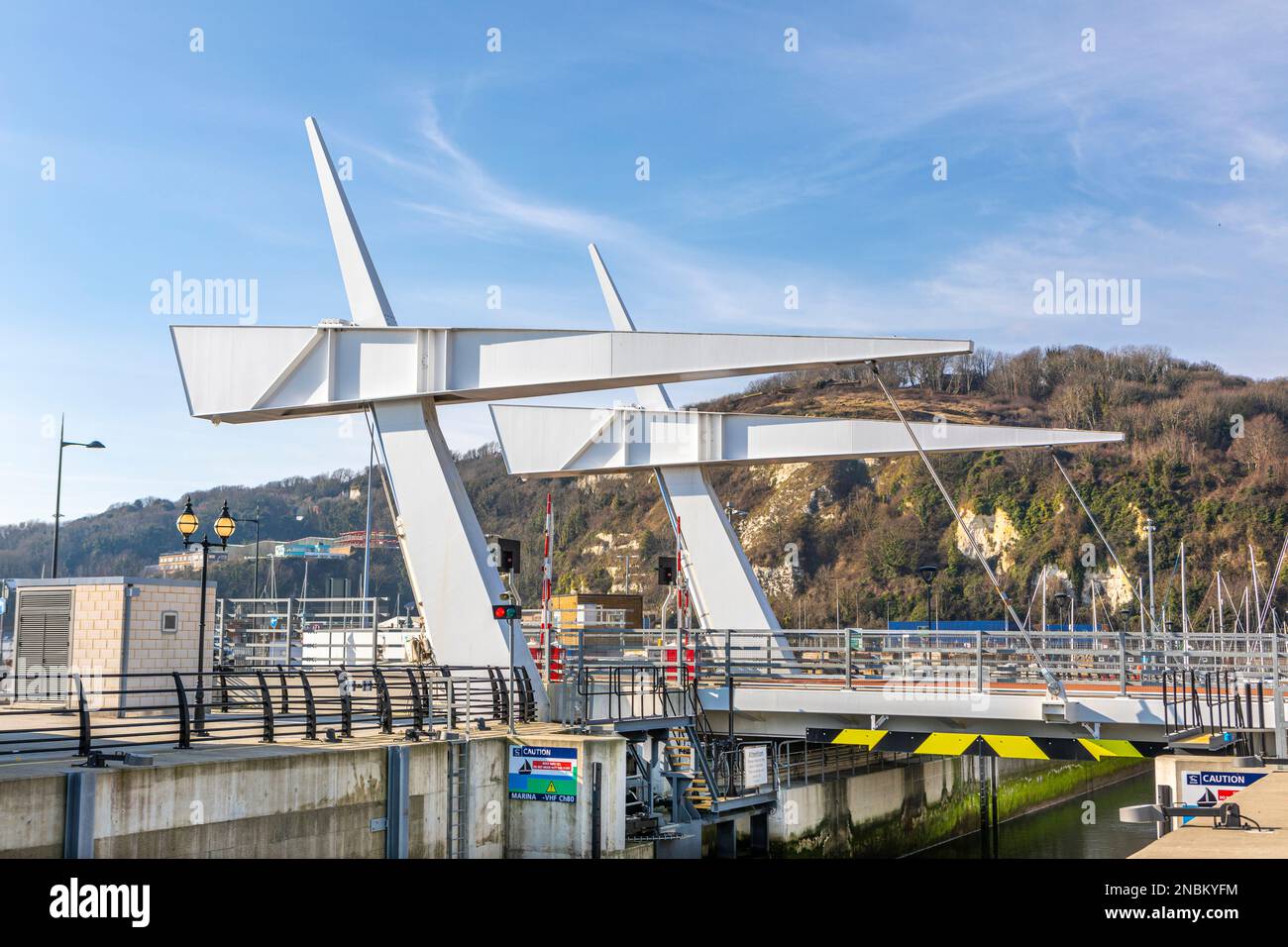 The Bascule lifting bridge at the entrance to Dover Marina, Kent, UK ...