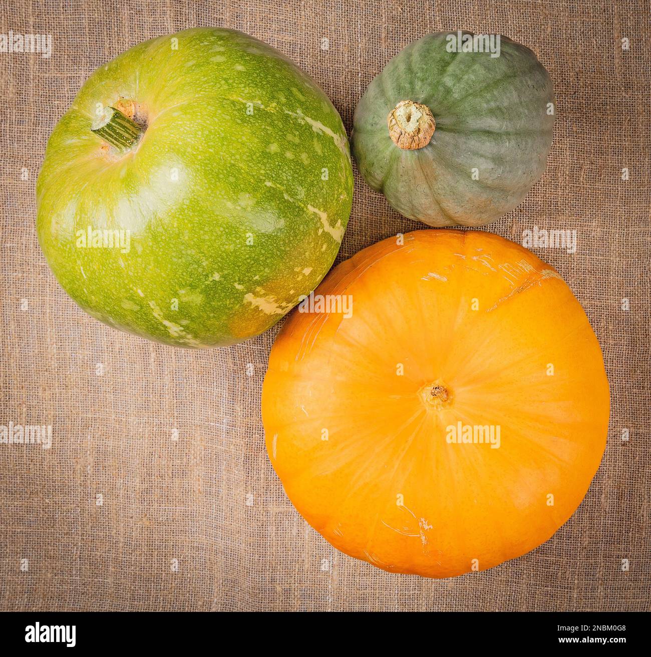 Three pumpkins of different shapes and colors unretouched flat lay ...
