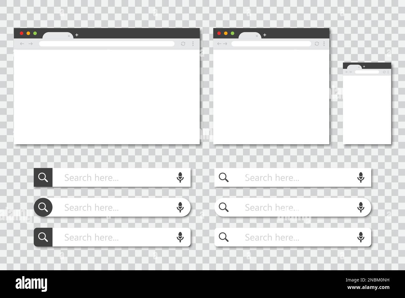 Set of browser windows in different sizes and search bar collection in a flat design with shadow ...