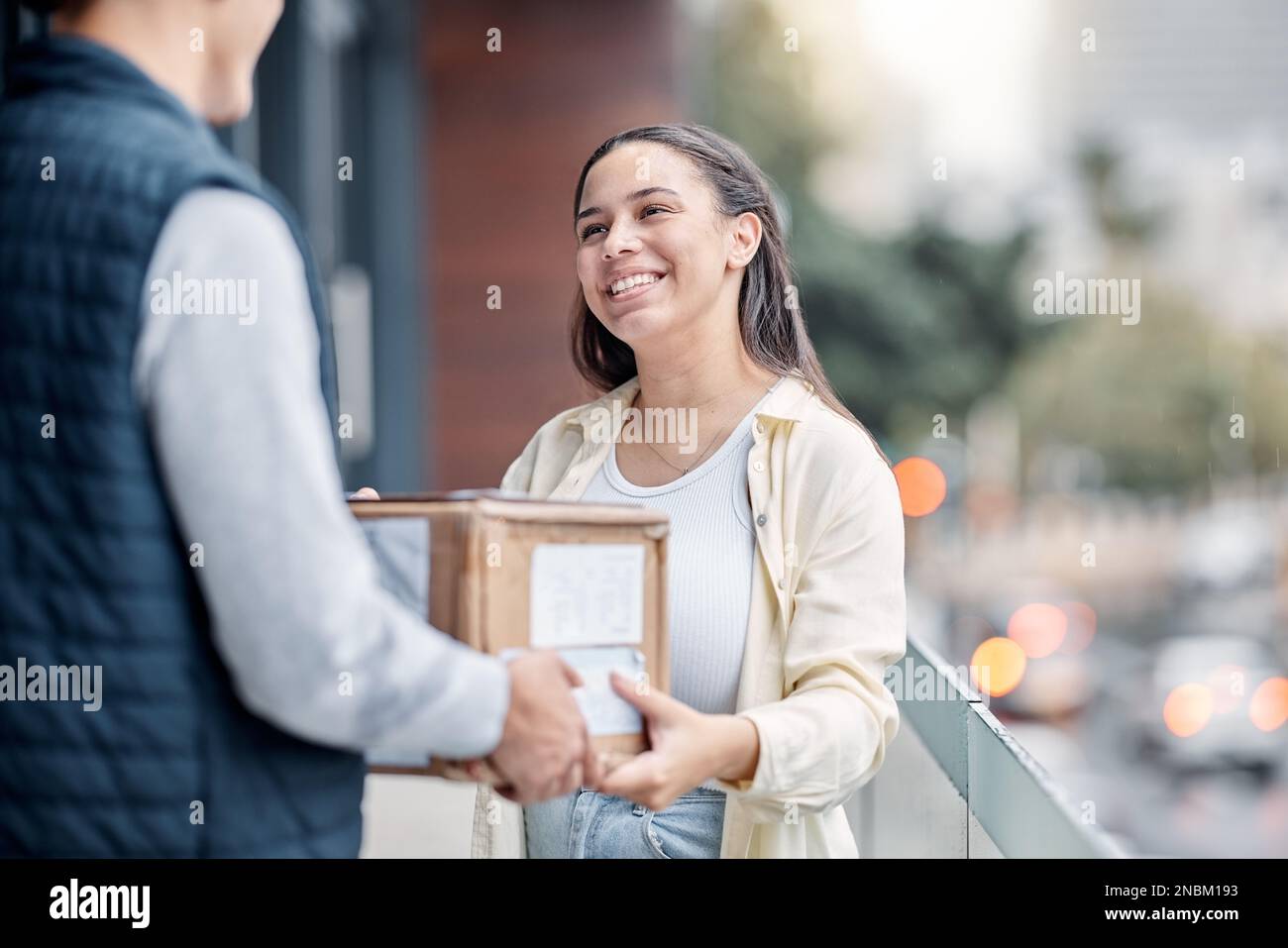Happy customer, shipping courier box and delivery man giving retail ...