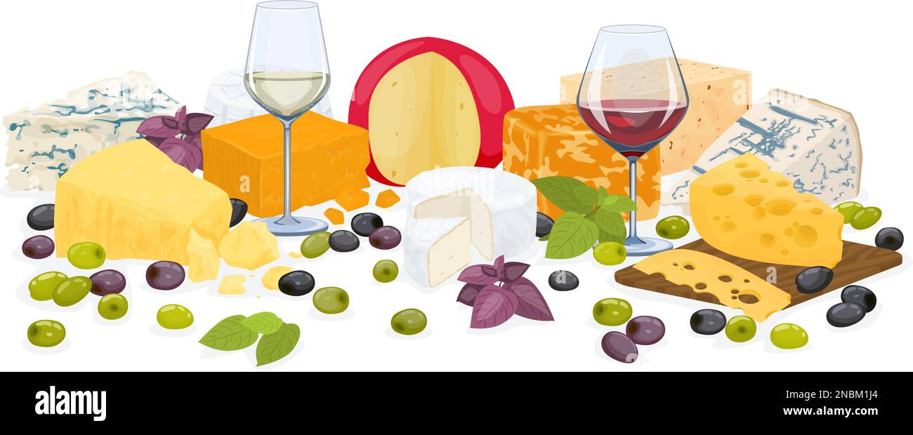 Cheese flat colored composition various pieces of cheese with fruit ...