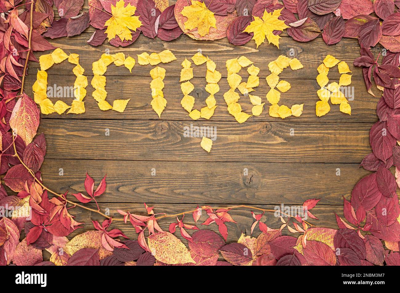 october month name made from yellow leaves on wooden background with ...