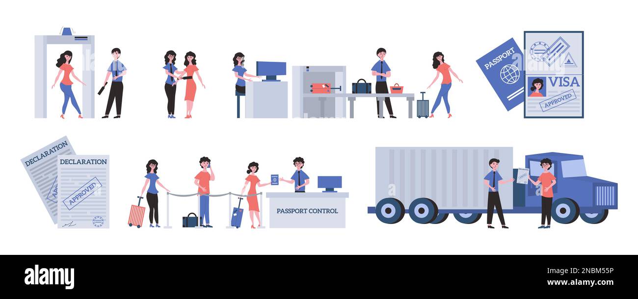 Customs control flat set with passengers passing through passport ...