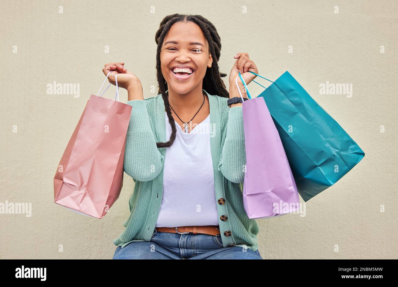 Fashion, portrait or happy African girl with shopping bag or smile in ...