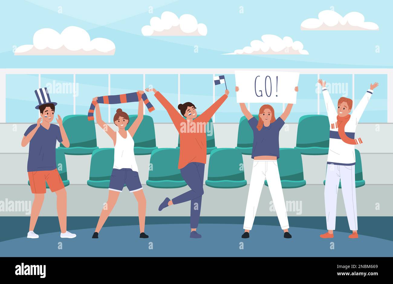 Group of happy sport fans with various attributes supporting team on ...