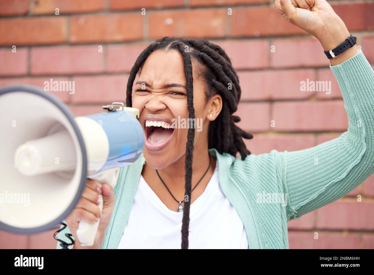 Speaker, protest or angry black woman with speech announcement for ...