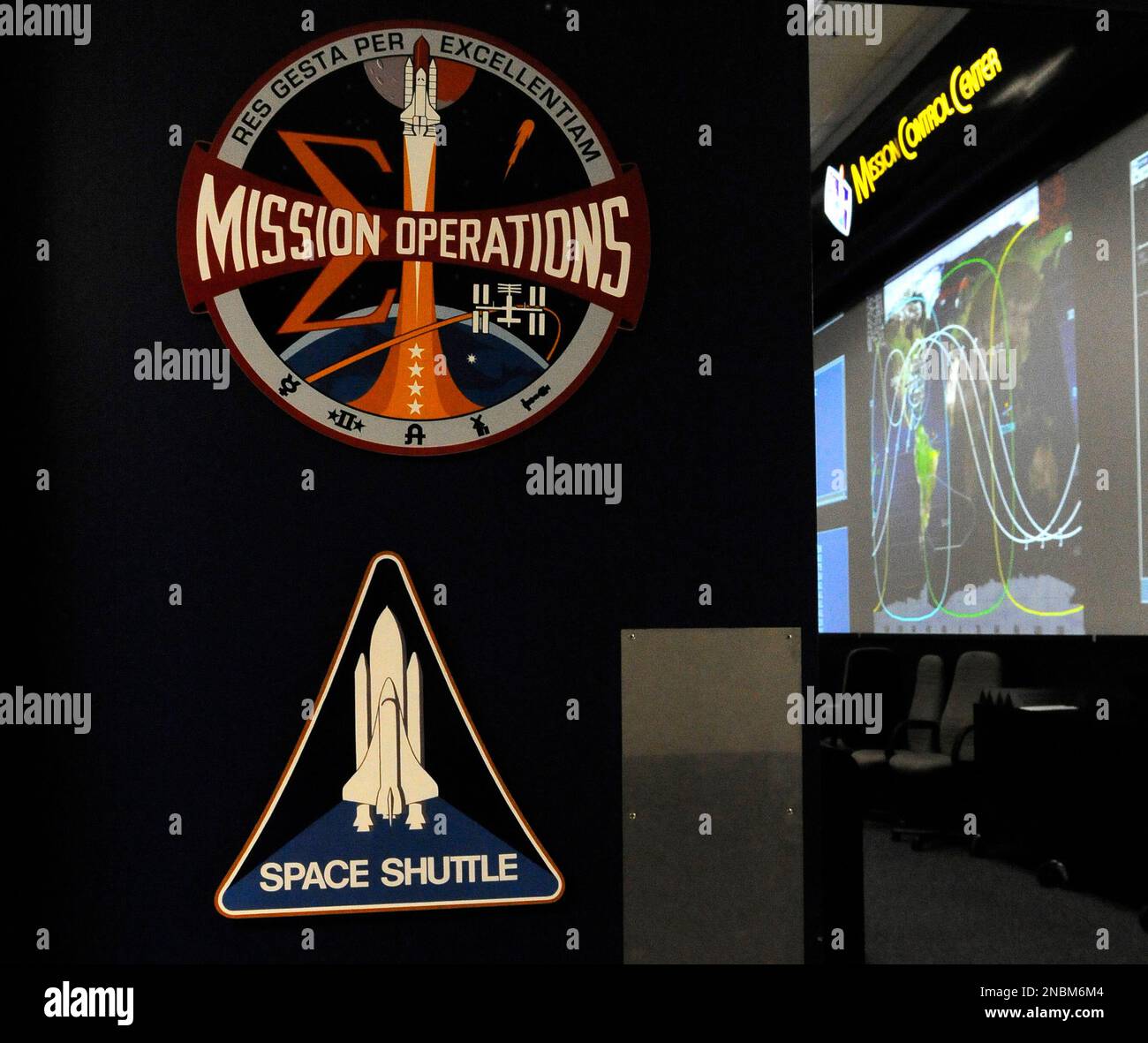 Decals adorn the door to NASA's space shuttle mission control center at ...