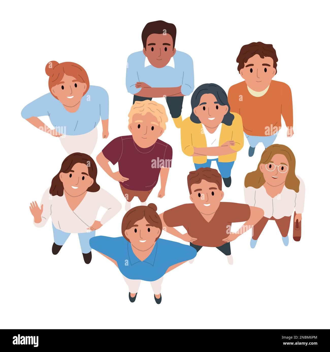 Group of happy smiling people looking up top view on white background ...