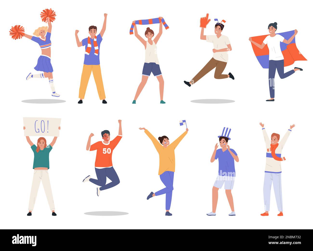 Flat set of happy sport fans and cheerleaders holding colorful ...