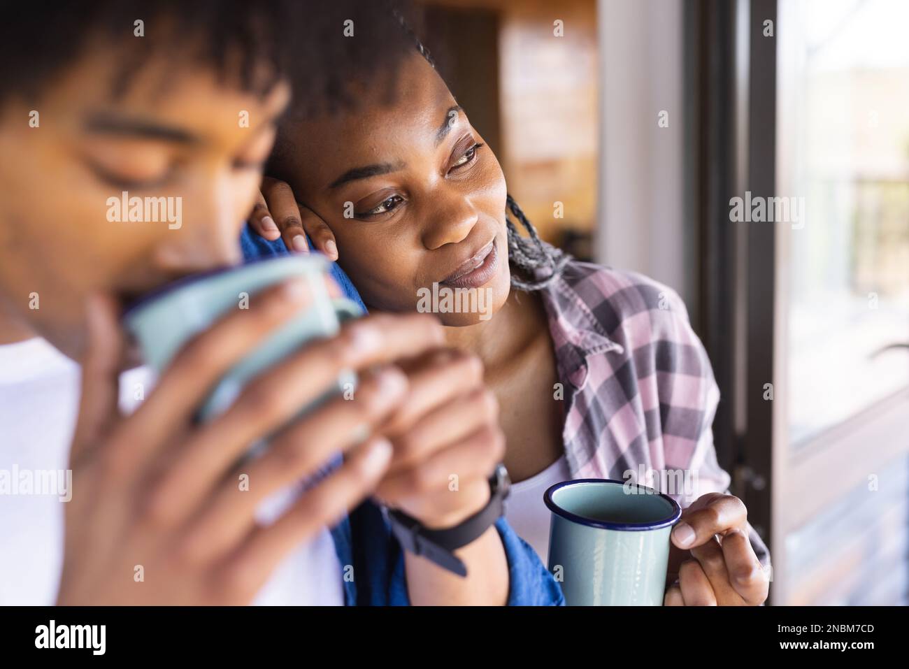 Happy african american couple spending time in log cabin drinking ...