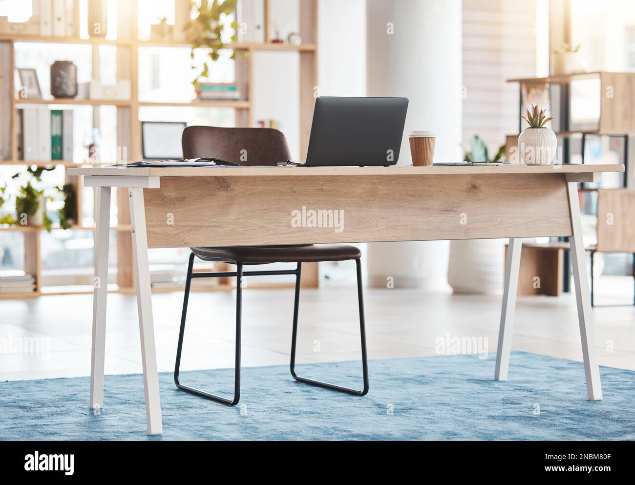 Interior design, furniture and laptop in workspace, room and desk for ...