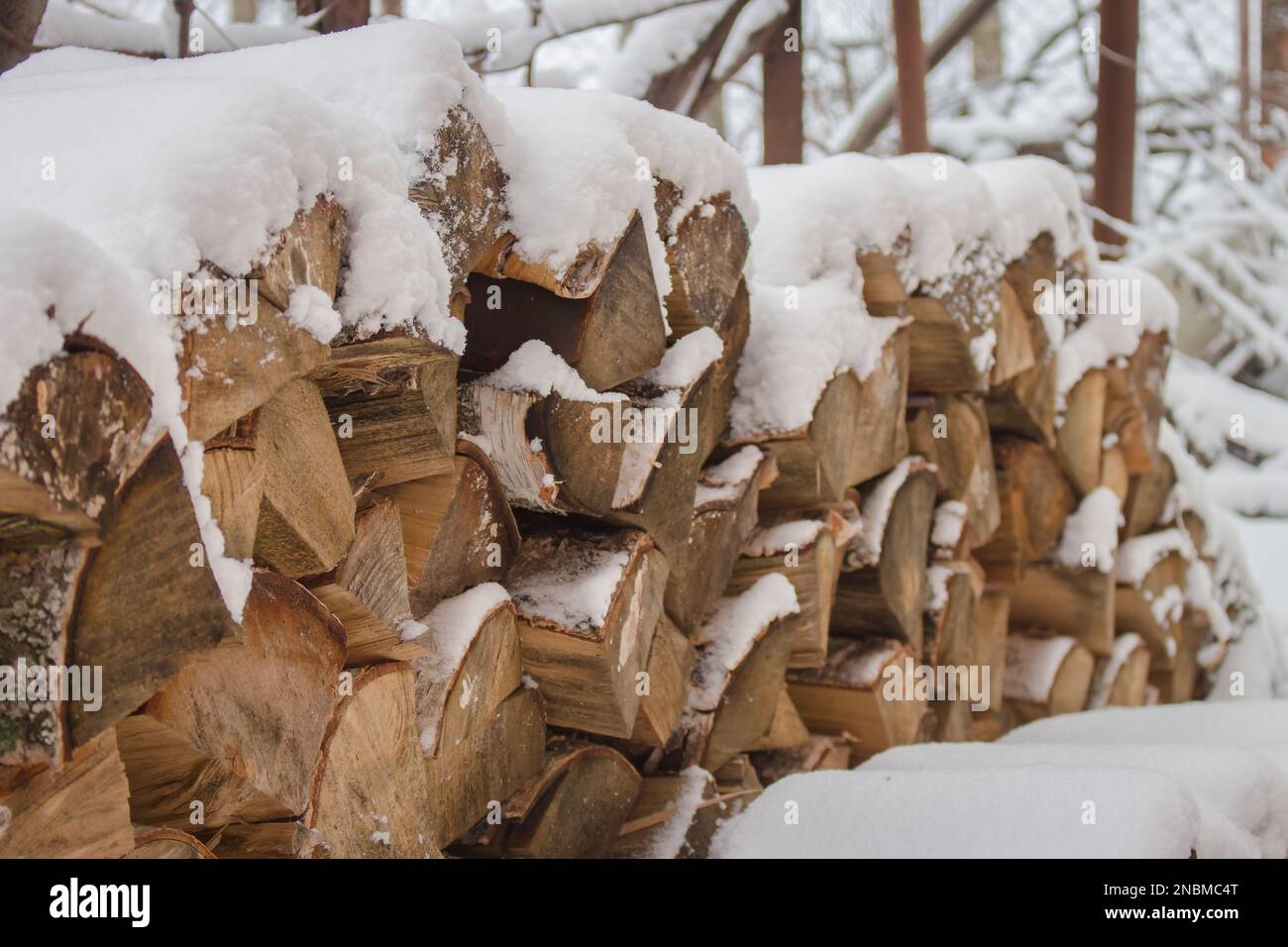 Snow covering logs. Chopped wood under snow. Hardwood on snowy backyard ...