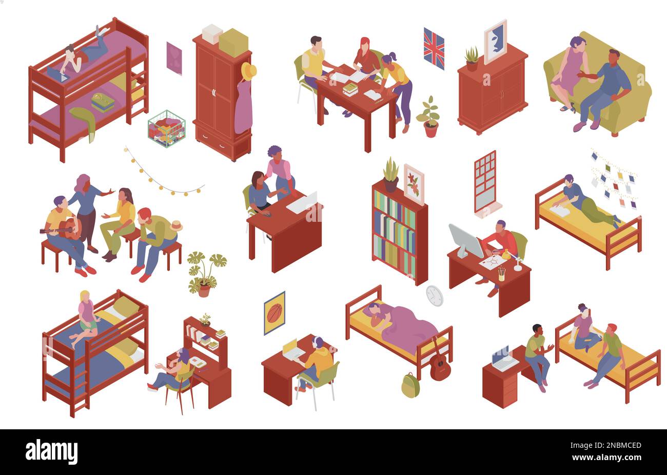 Elements of student dormitory living room interior including bed sofa ...