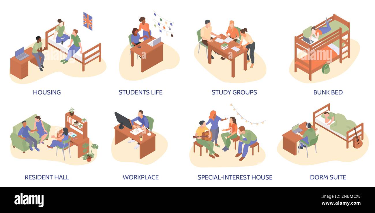 Dorm suite study groups resident hall bunk bed workplace in student ...