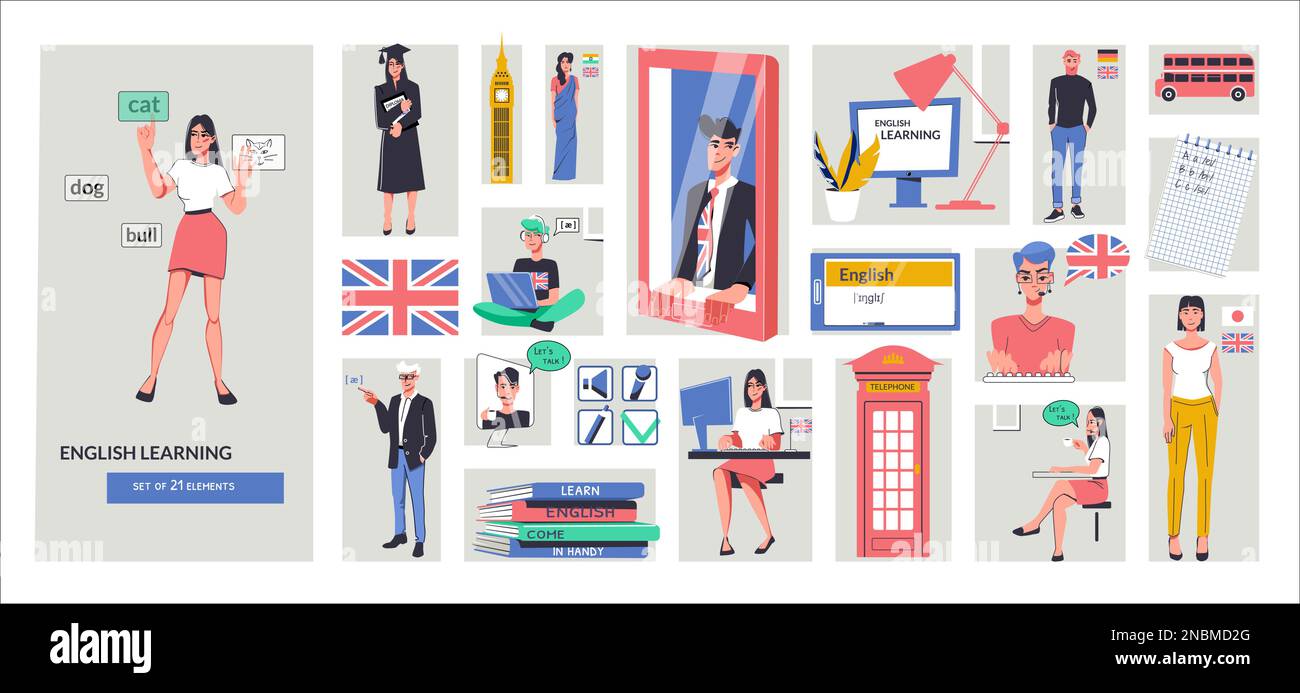 English learning flat composition consisting from separate rectangular ...