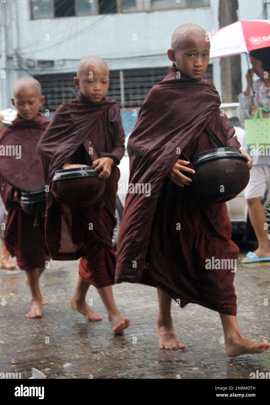 Buddhist novice monks walk along a road as they collect alms from ...