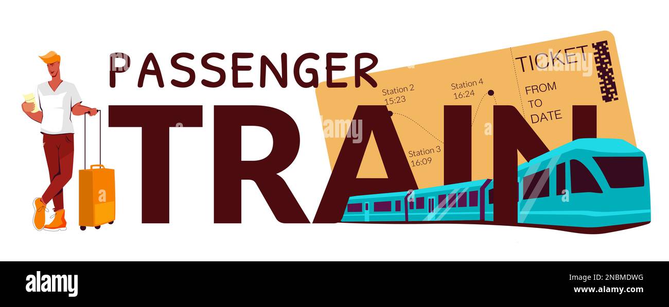 Passenger train flat text with modern high speed train passing through ...