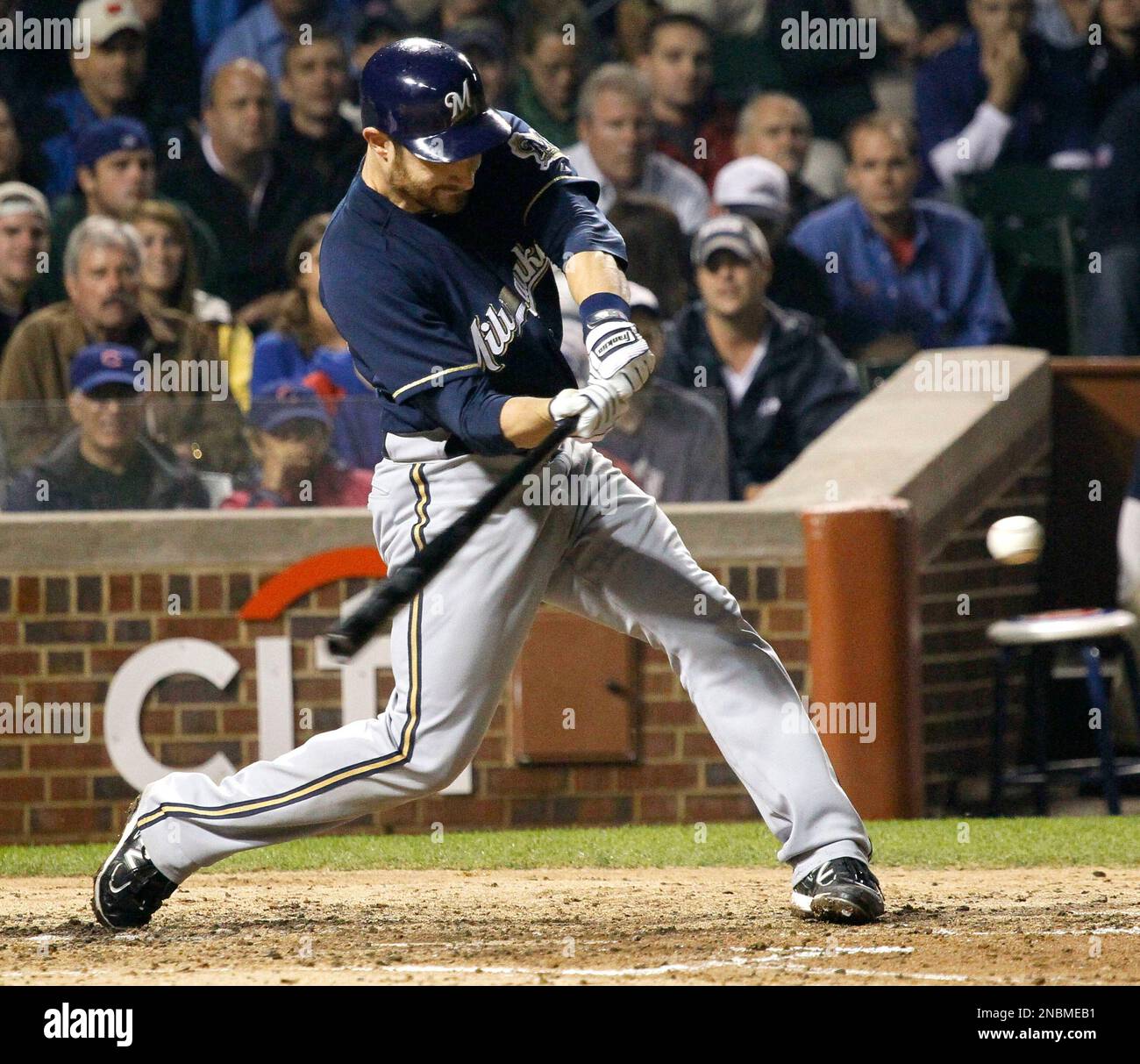 Milwaukee Brewers' Jonathan Lucroy hits an RBI single off Chicago Cubs ...