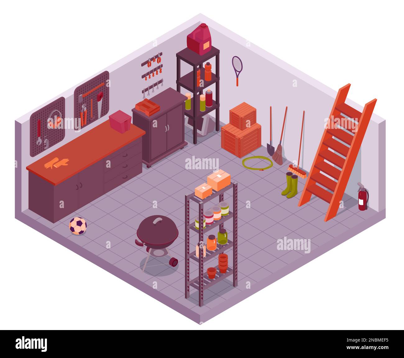 Storeroom isometric composition with preserves fire extinguisher sports ...