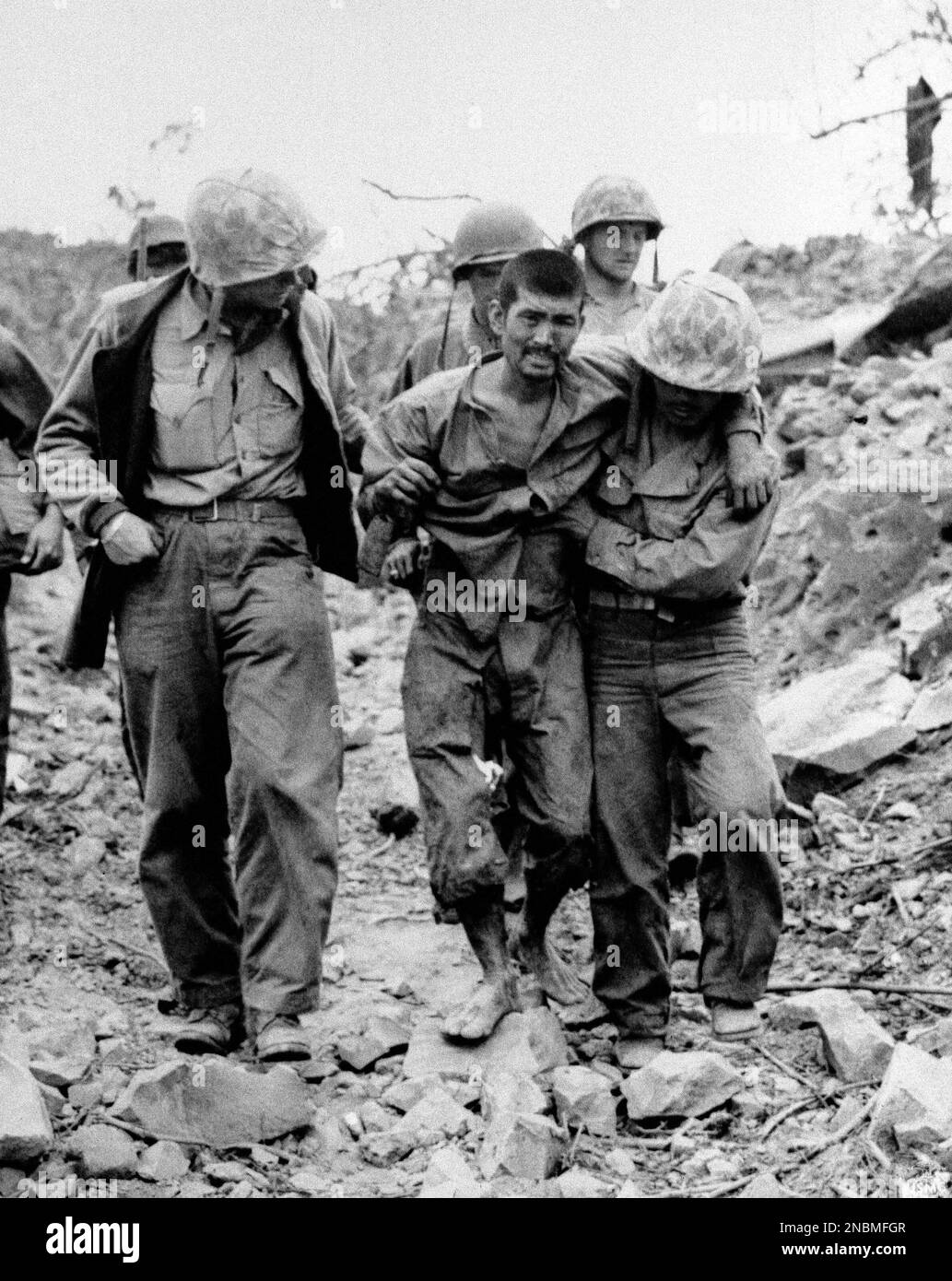 Casualty of the ridge fighting on northern Iwo Jima, Japan, this ...