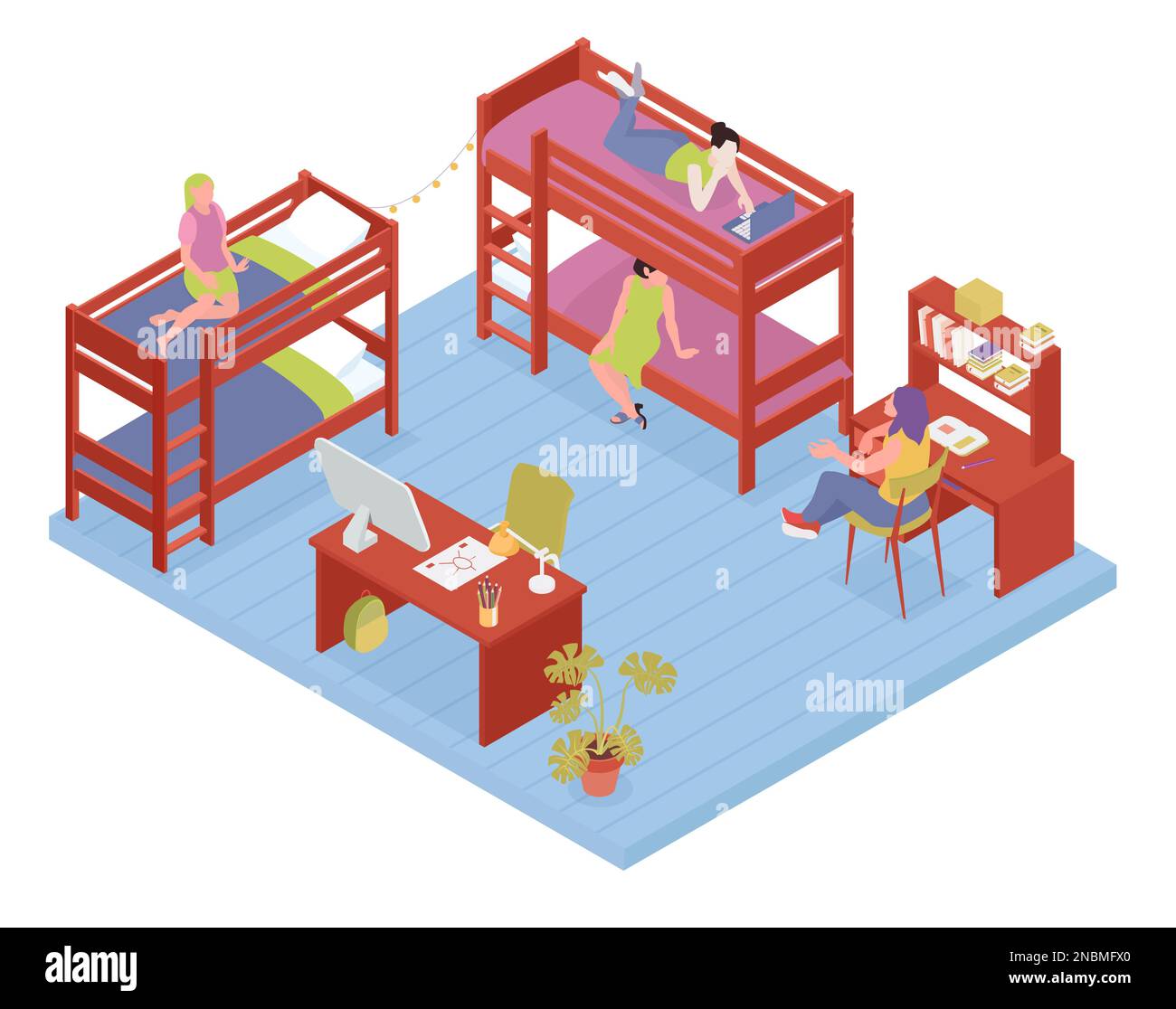 Student dormitory room interior isometric composition with young female ...
