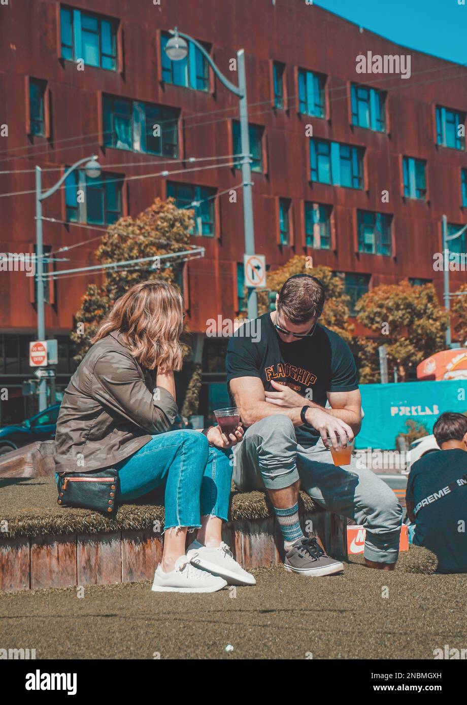 san francisco, CA, USA february 10 2023 a couple in love talking to ...