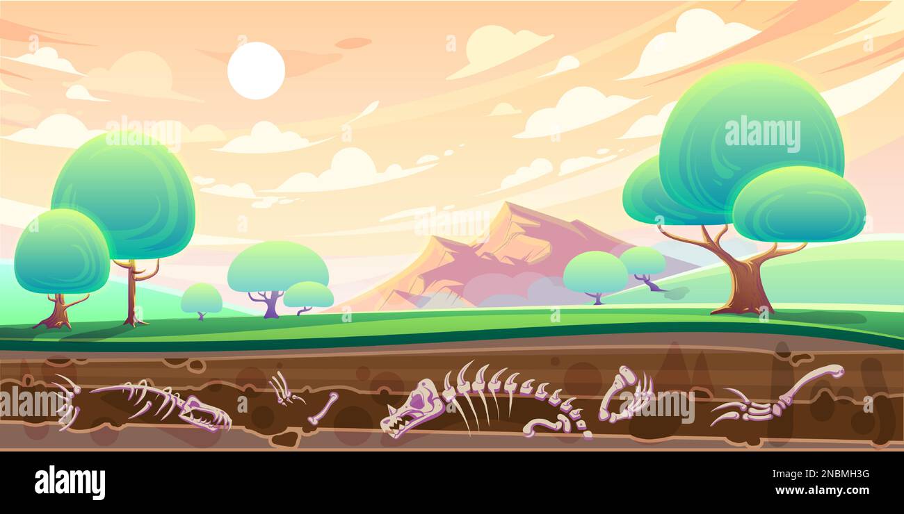 Green valley with trees and mountain landscape, underground cross ...