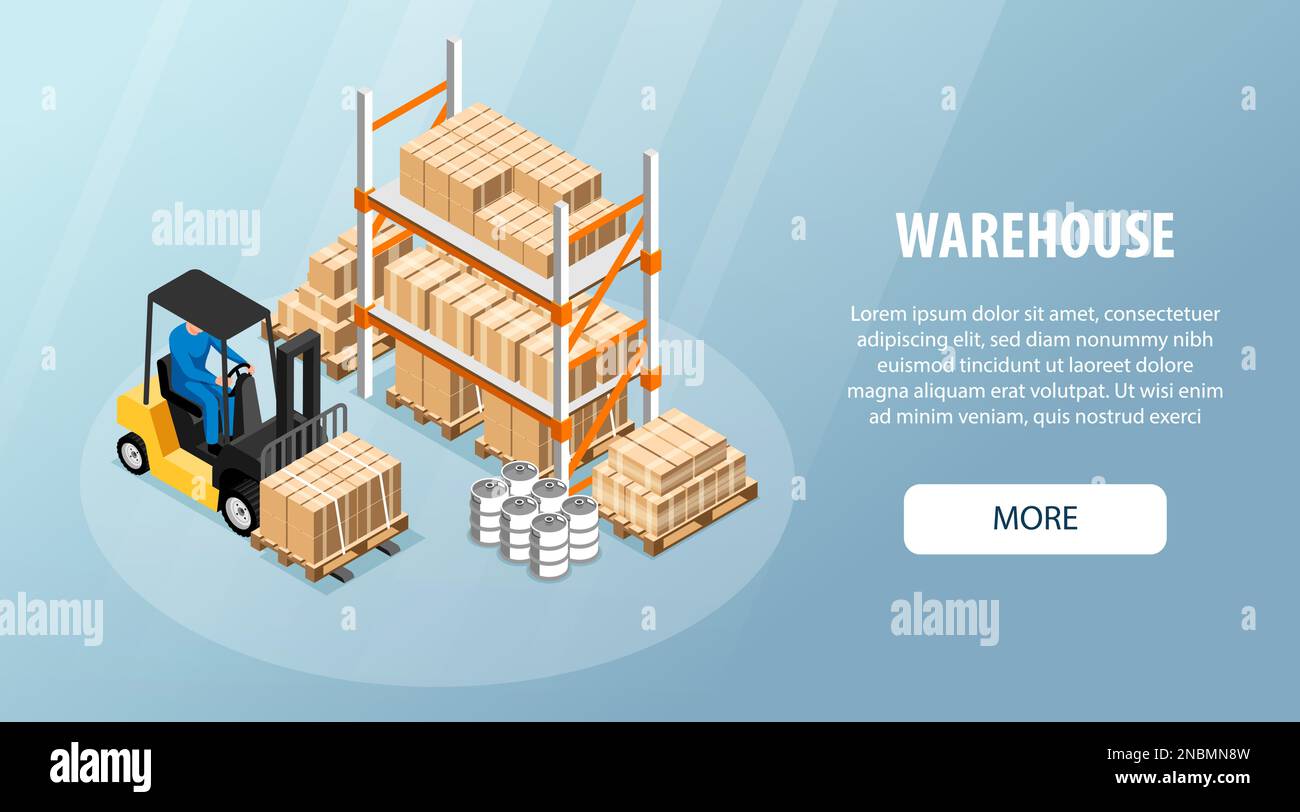 Isometric warehouse interior with worker driving forklift and stored ...