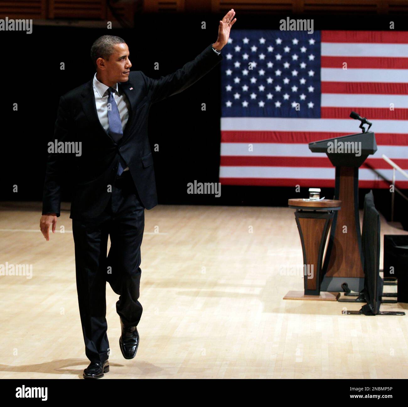 President Barack Obama waves to the audience after speaking at the ...
