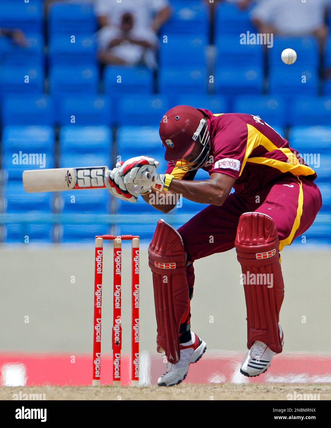 West Indies' Kieron Pollard ducks to avoid being hit by a bouncer off ...